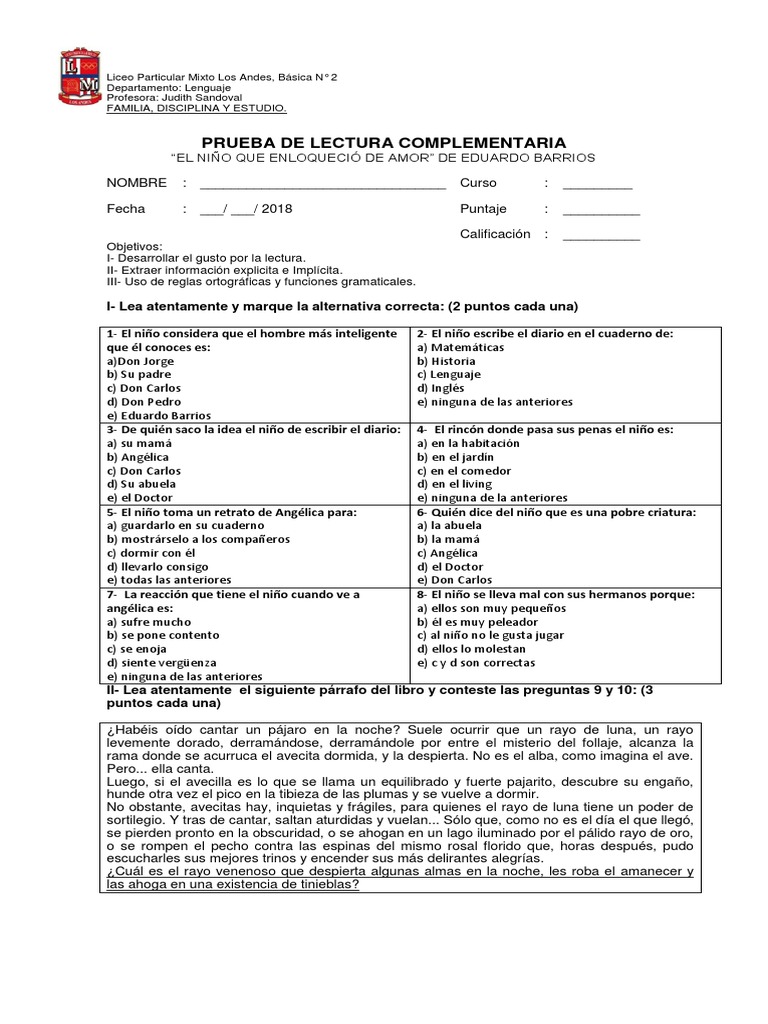 Prueba de El Niño Que Enloquecio de Amor, Mixto | PDF | Amor