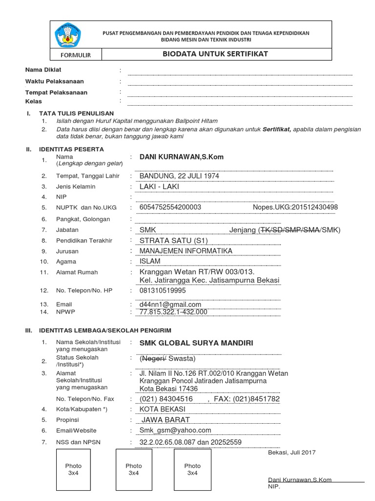 Form Biodata 2017 PKB | PDF