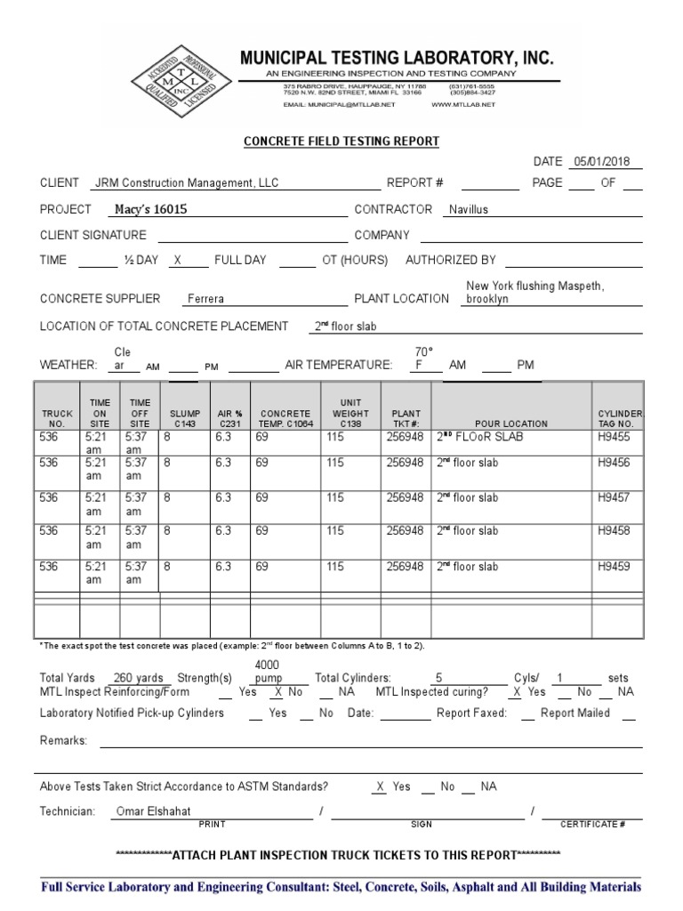 6th Ticket 260 Yards) Concrete Field Testing Report | PDF