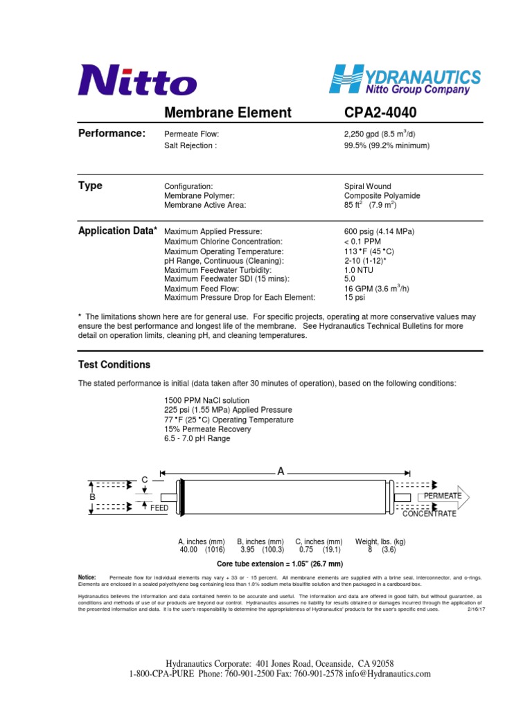 CPA2-4040 Specification PDF | PDF | Membrane | Sodium Chloride