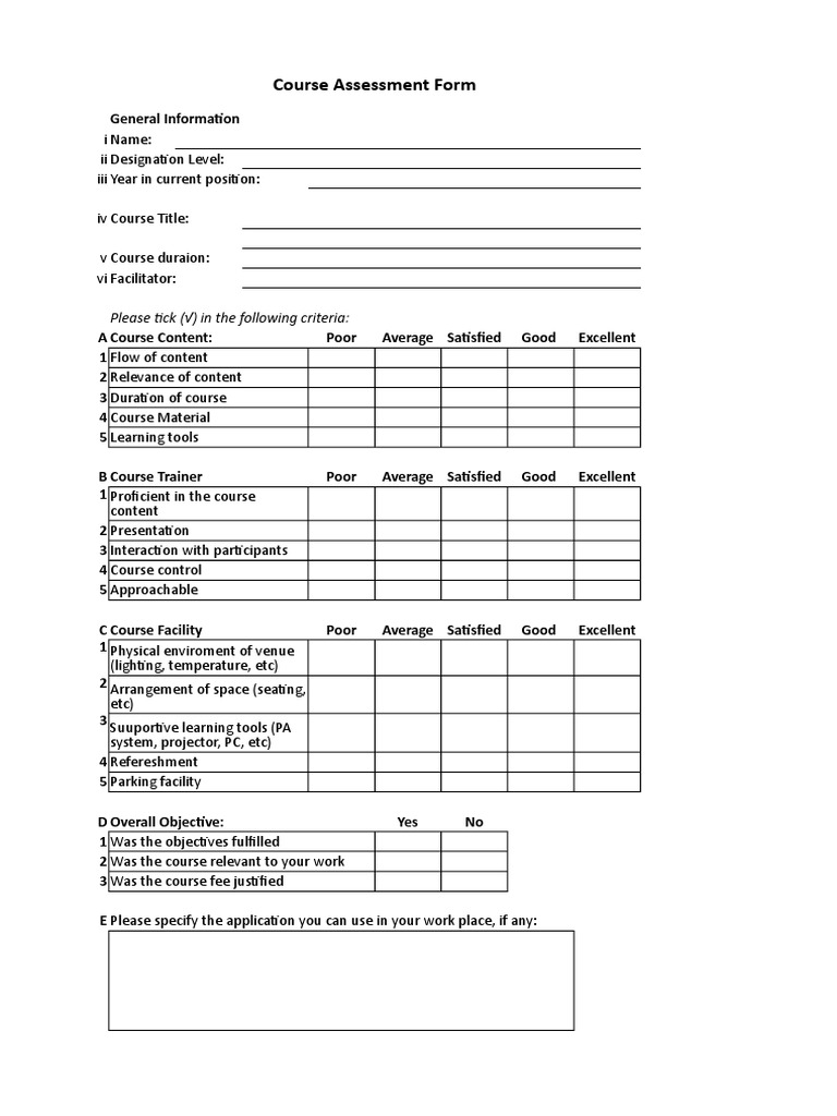 Course Assessment Form: Please Tick ( ) in The Following Criteria | PDF