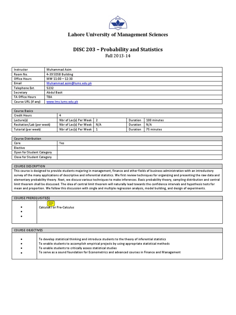DISC 203-Probability & Statistics-Muhammad Asim | PDF | Regression ...