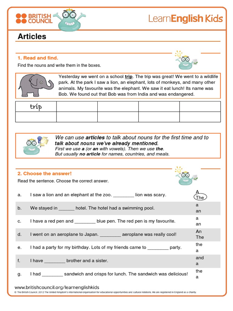 Grammar Articles Worksheet | PDF | Languages | Language Arts & Discipline