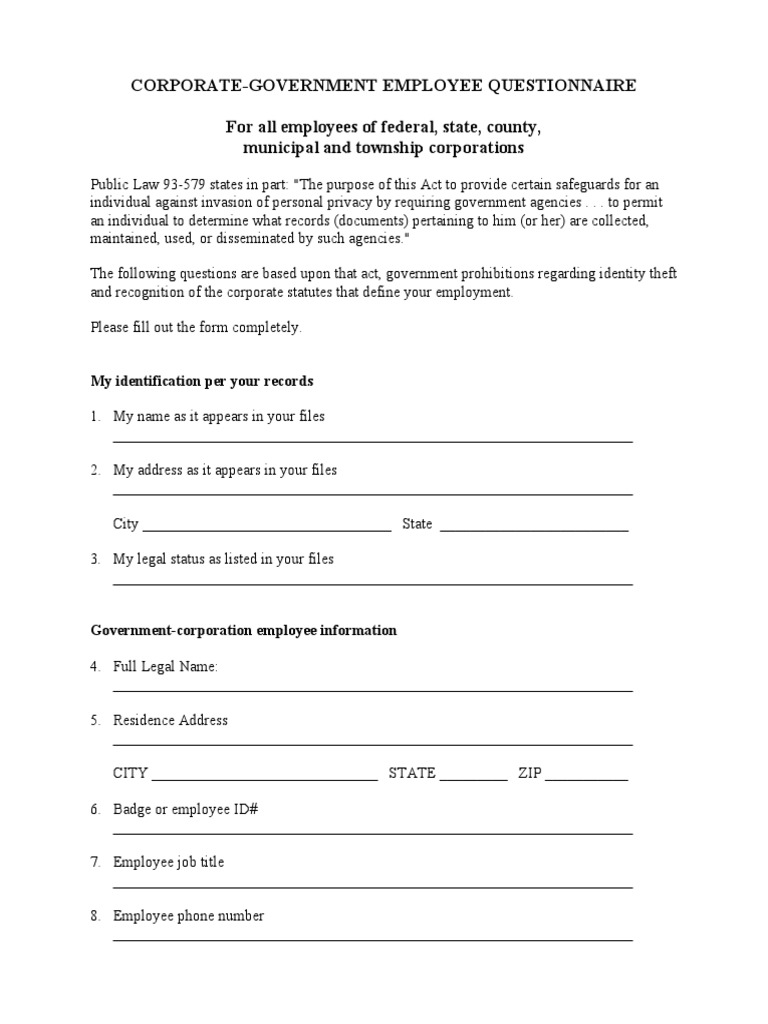 Corporate Government Employee Questionnaire | PDF | Identity Document ...