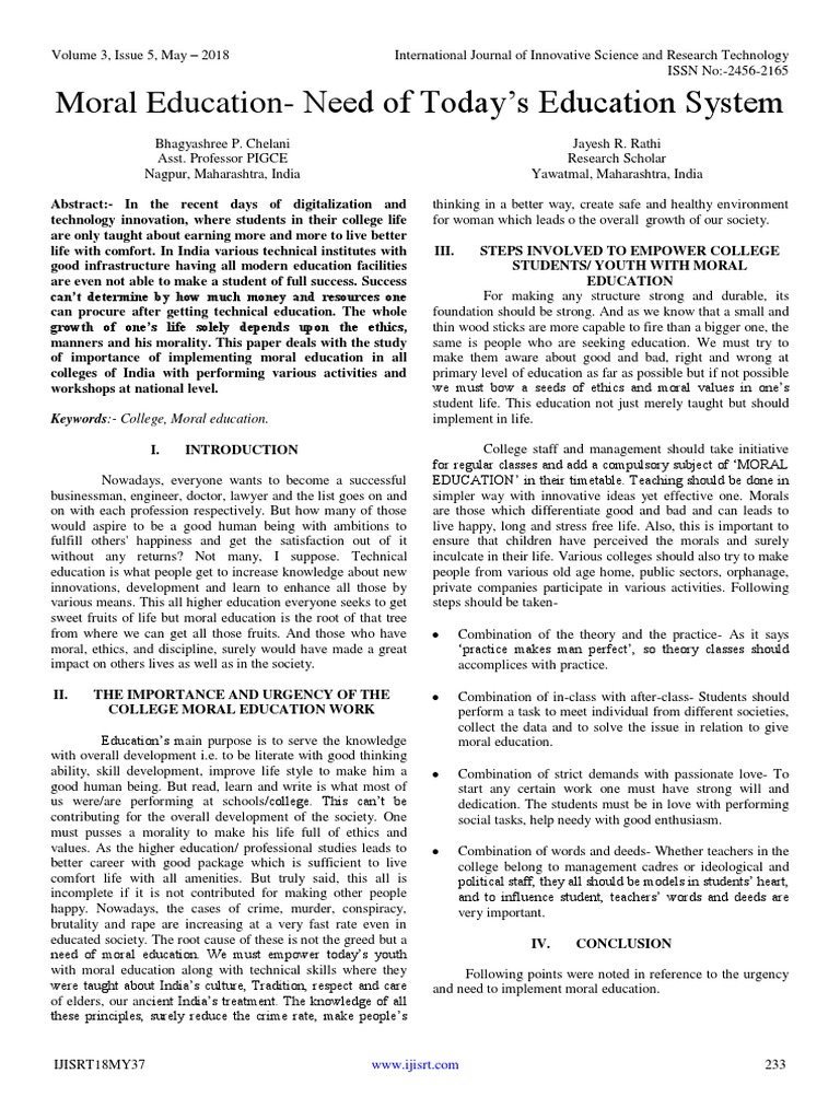 Moral Education - Need of Today's Education System | PDF | Teachers | Human