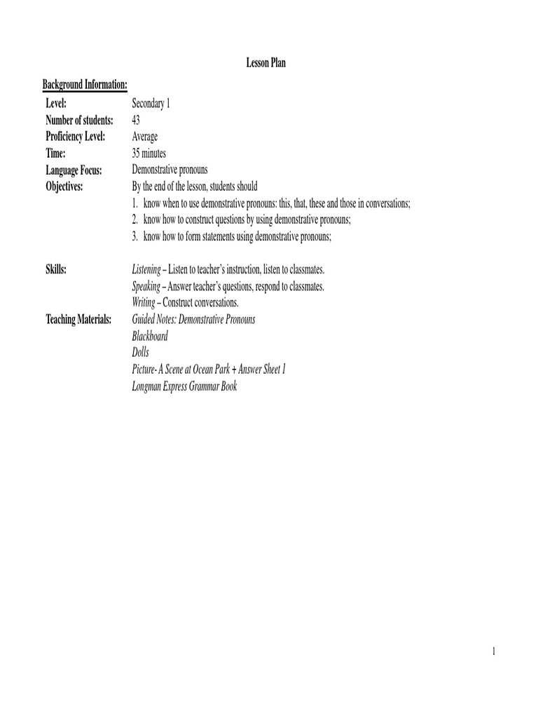 S1 Demonstrative Pronouns LP | PDF | Lesson Plan | Teaching