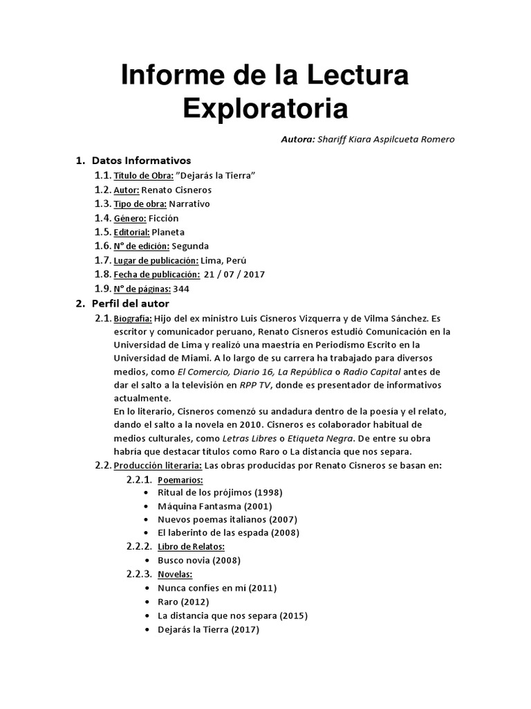 Informe de La Lectura Exploratoria | Novelas | Perú