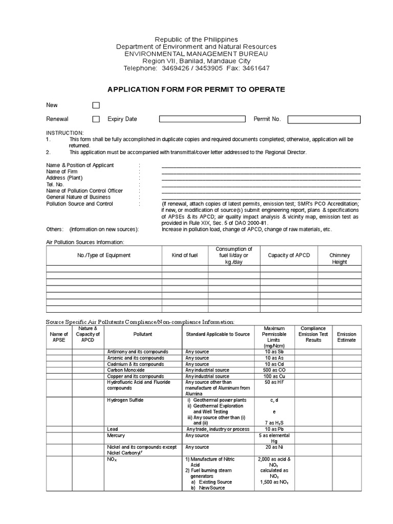 Permit To Operate Form | PDF | Air Pollution | Atoms