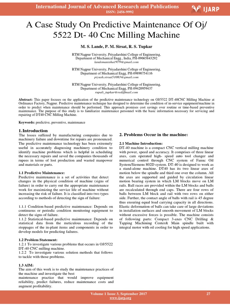 A Case Study On Predictive Maintenance of Oj 5522 DT 40 CNC Milling ...