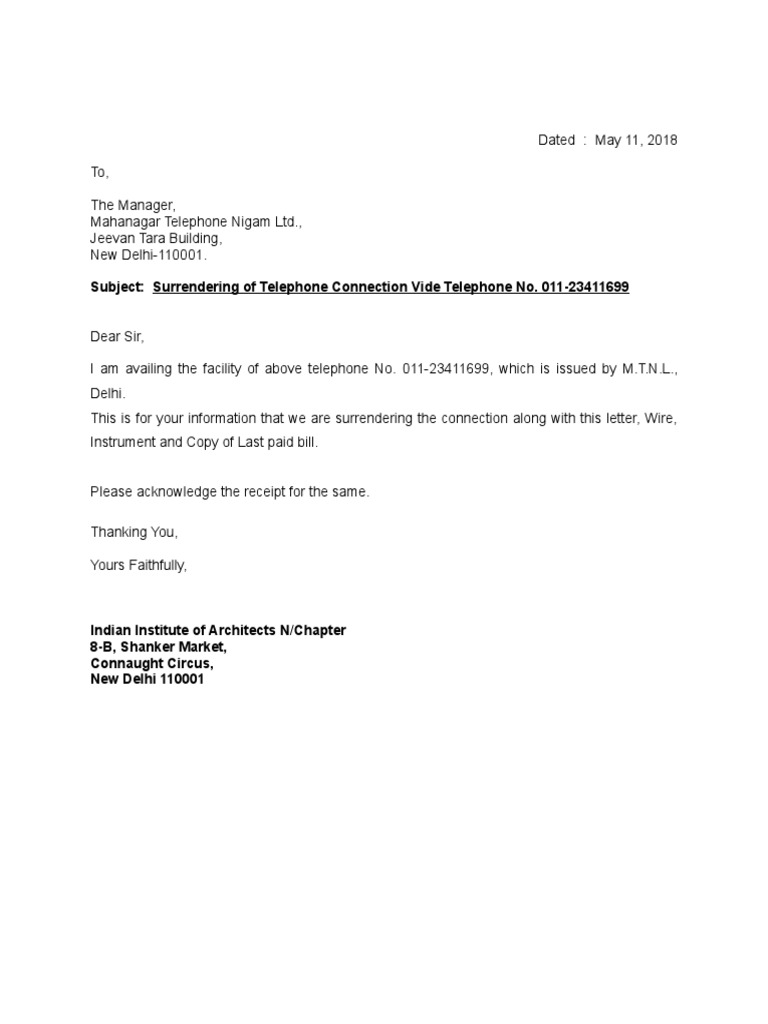 MTNL Landline Surrender Letter | PDF | Law | Home & Garden