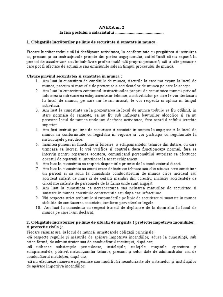 Anexa 2 SSM La Fisa Postului | PDF