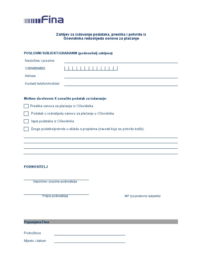 Zahtjev Za Izdavanje Podataka Preslika I Potvrda Iz Ocevidnika ...