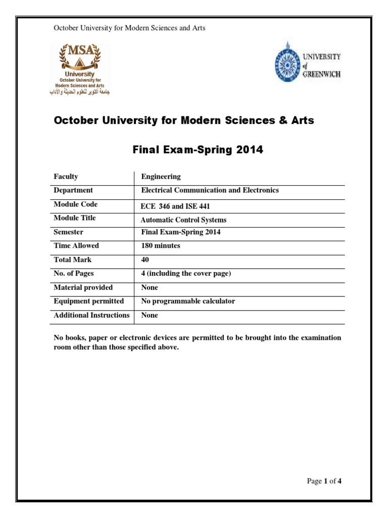 Spring 2014 Automatic Control Systems Exam | PDF | Electronic ...