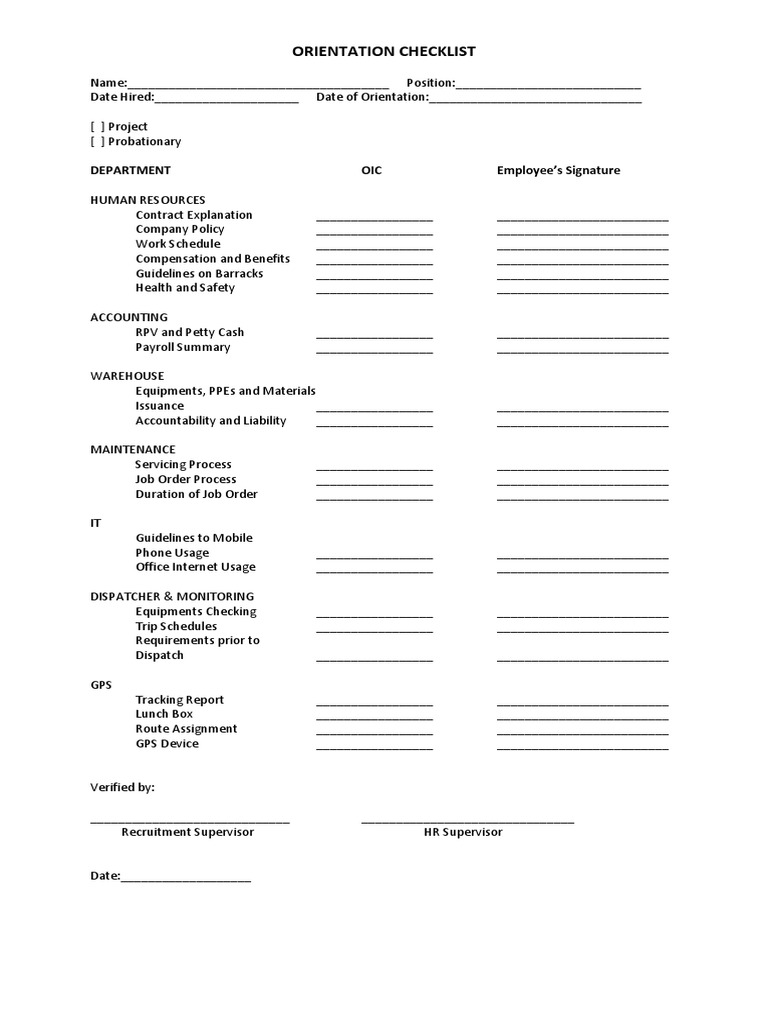 Orientation Checklist: Department OIC Employee's Signature | PDF ...