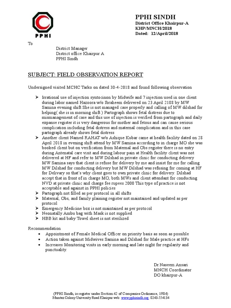 Subject: Field Observation Report: Pphi Sindh | PDF | Obstetrics ...