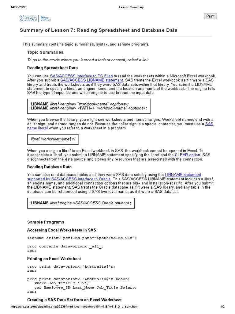 Summary of Lesson 7: Reading Spreadsheet and Database Data: Topic Summaries | PDF | Sas ...