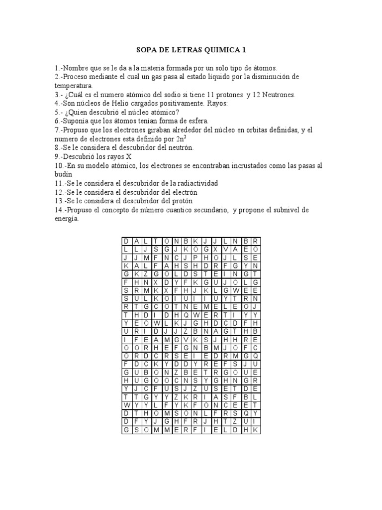 Sopa de Letras Quimica 1 | PDF | Átomos | Núcleo atómico