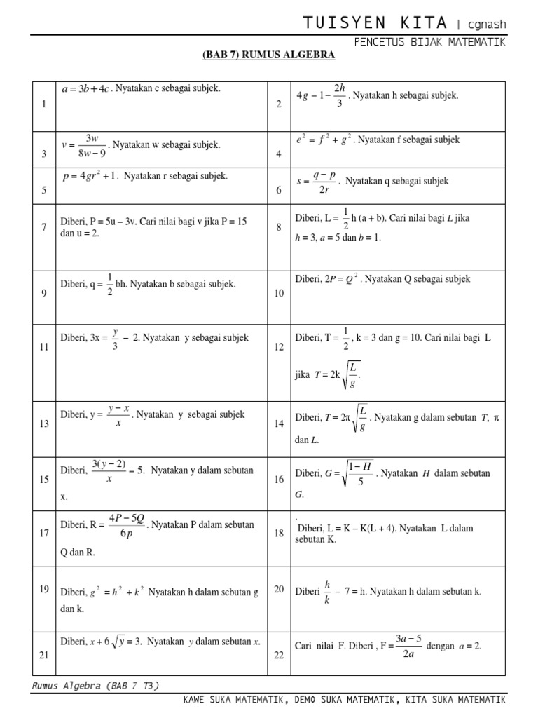 BAB 7 MATE T3 Algebraic Formula | PDF