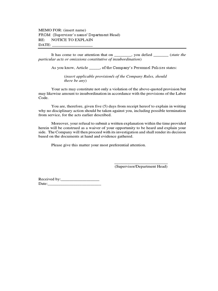 Notice to Explain for Insubordination | PDF | Career & Growth | Finance ...