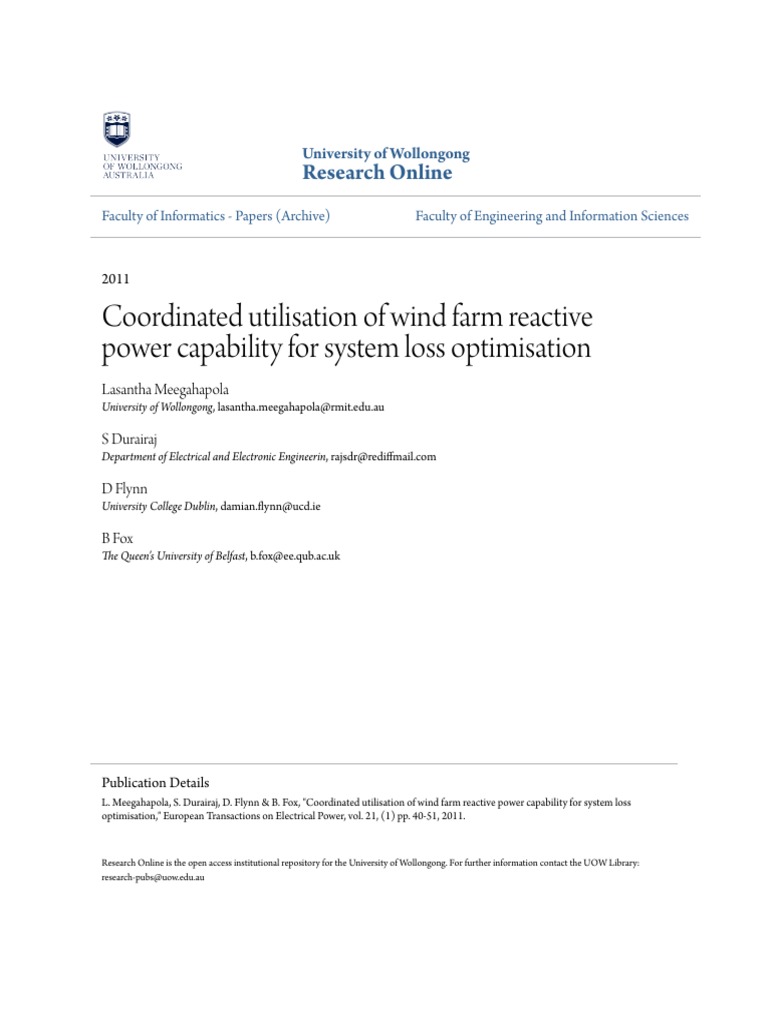 Coordinated Utilisation of Wind Farm Reactive Power Capability For System Loss Optimisation ...