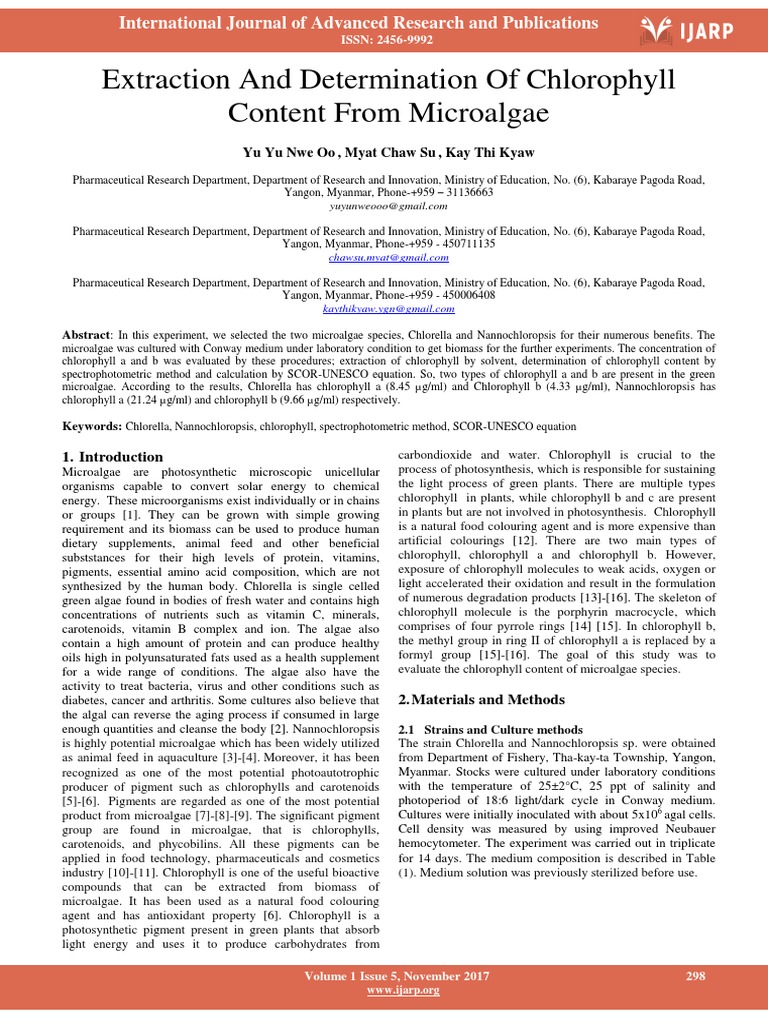 Extraction and Determination of Chlorophyll Content From Microalgae ...