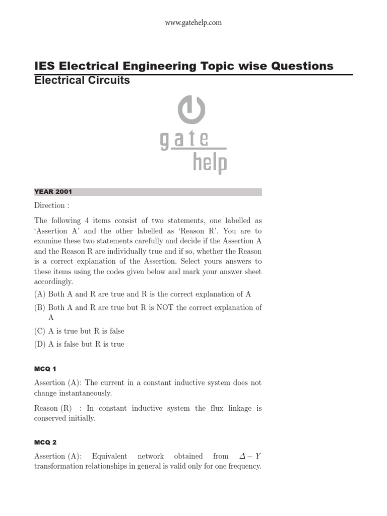 Electrical Circuits MCQs and Assertions | PDF | Electrical Impedance ...