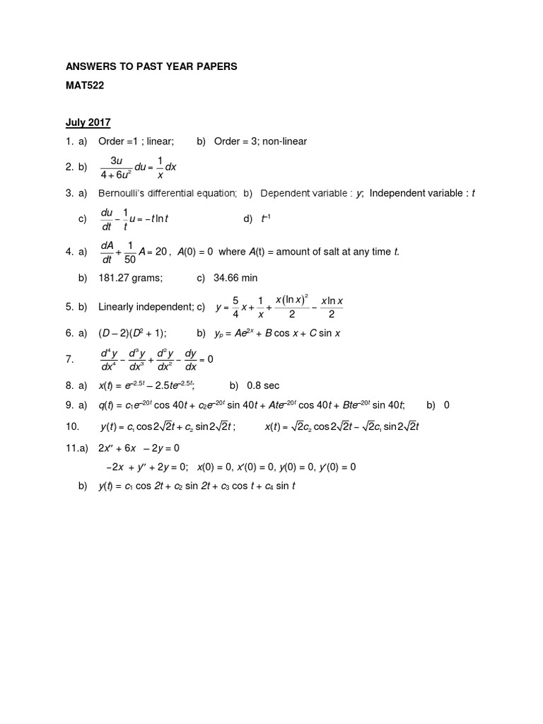 Answers To Past Year Papers ODE | PDF | Rates | Calculus