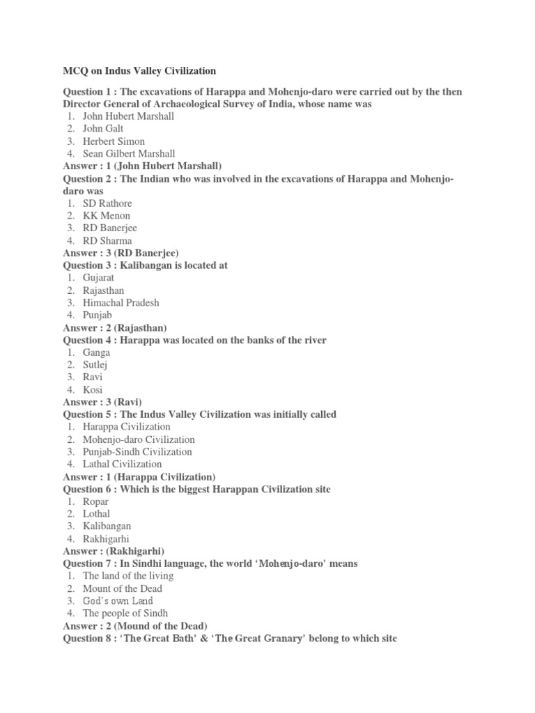Indus Valley Civilization MCQs | PDF | South Asia | Archaeology