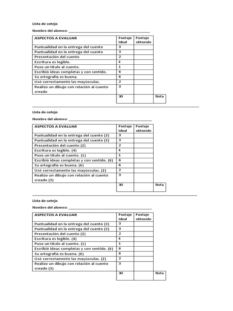Lista de Cotejo Escritura de Un Cuento | PDF