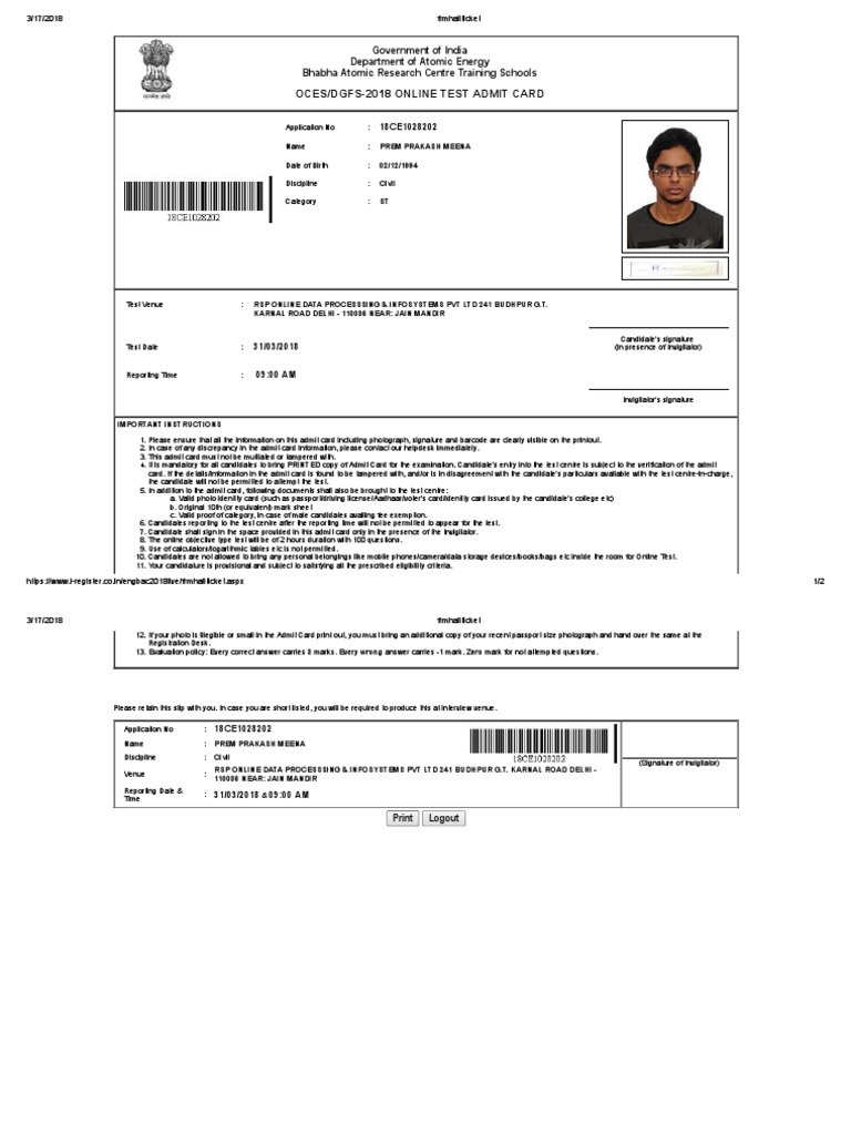 Barc Admit Card | Identity Document | Business