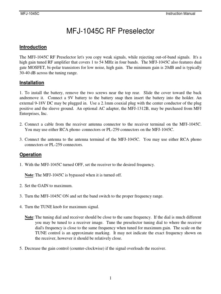 MFJ-1045C RF Preselector | Download Free PDF | Electrical Connector ...