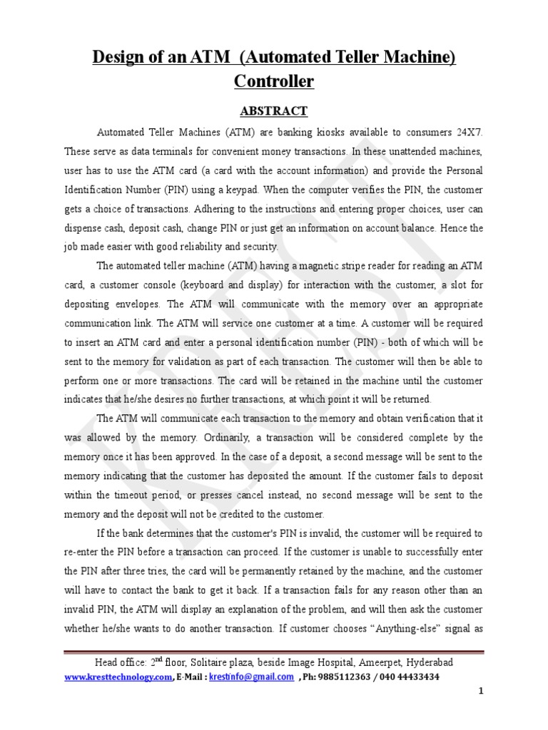 Design of An ATM (Automated Teller Machine) Controller:, E-Mail:, PH ...