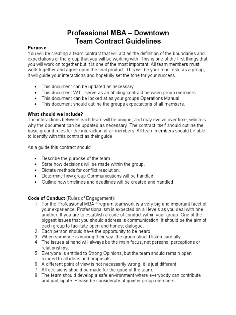 Professional MBA - Downtown Team Contract Template | PDF | Conflict ...