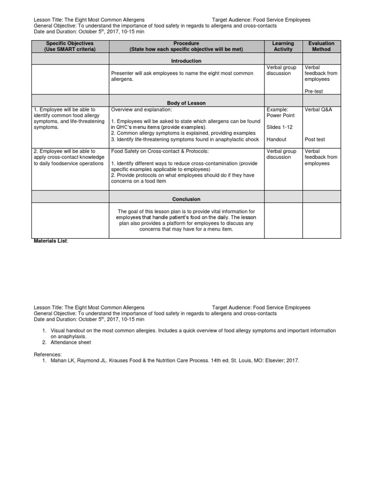 Lesson Plan Template 1 | PDF | Food Allergy | Allergen