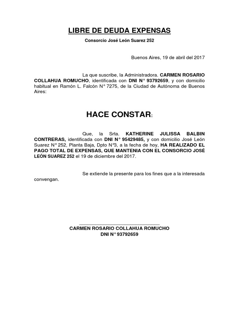 Libre de Deuda Expensas | PDF