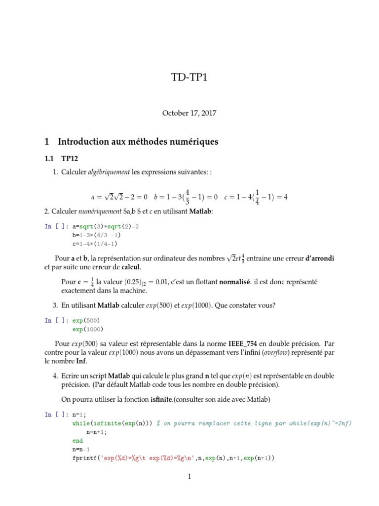 TD-TP1: 1 Introduction Aux Méthodes Numériques | PDF | Areas Of Computer Science | Numbers
