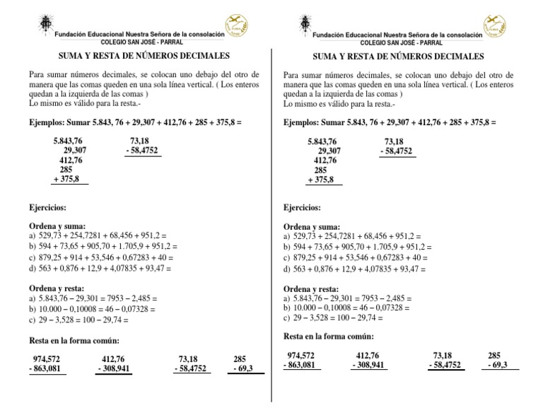 Suma y Resta de Decimales 6° | PDF | Enseñanza de matemática