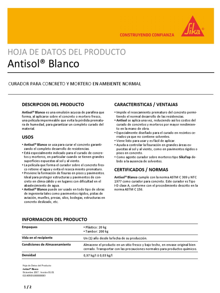 Antisol Blanco (Curador para Concreto y Mortero) | PDF | Agua | Naturaleza