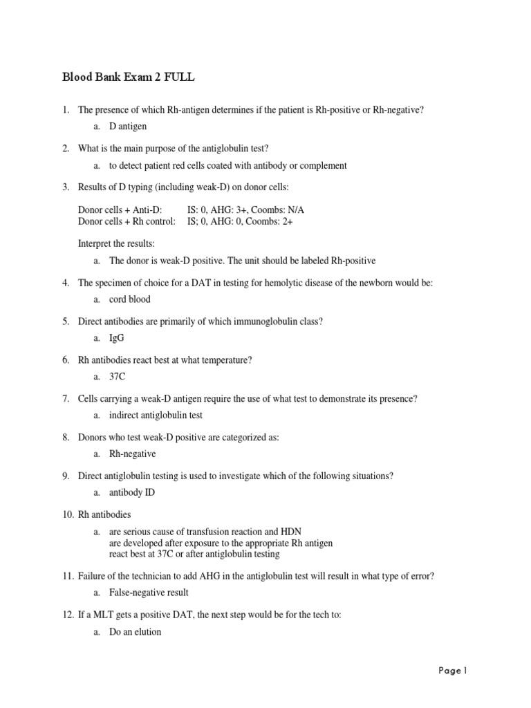 MLT Blood Bank Exam 2 Full | PDF | Immunology | Medicine