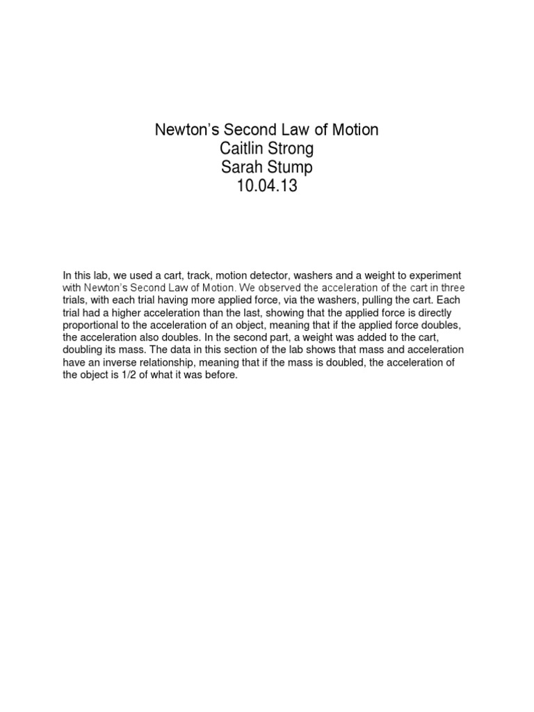 Newton's Second Law Lab Experiment | PDF | Acceleration | Force