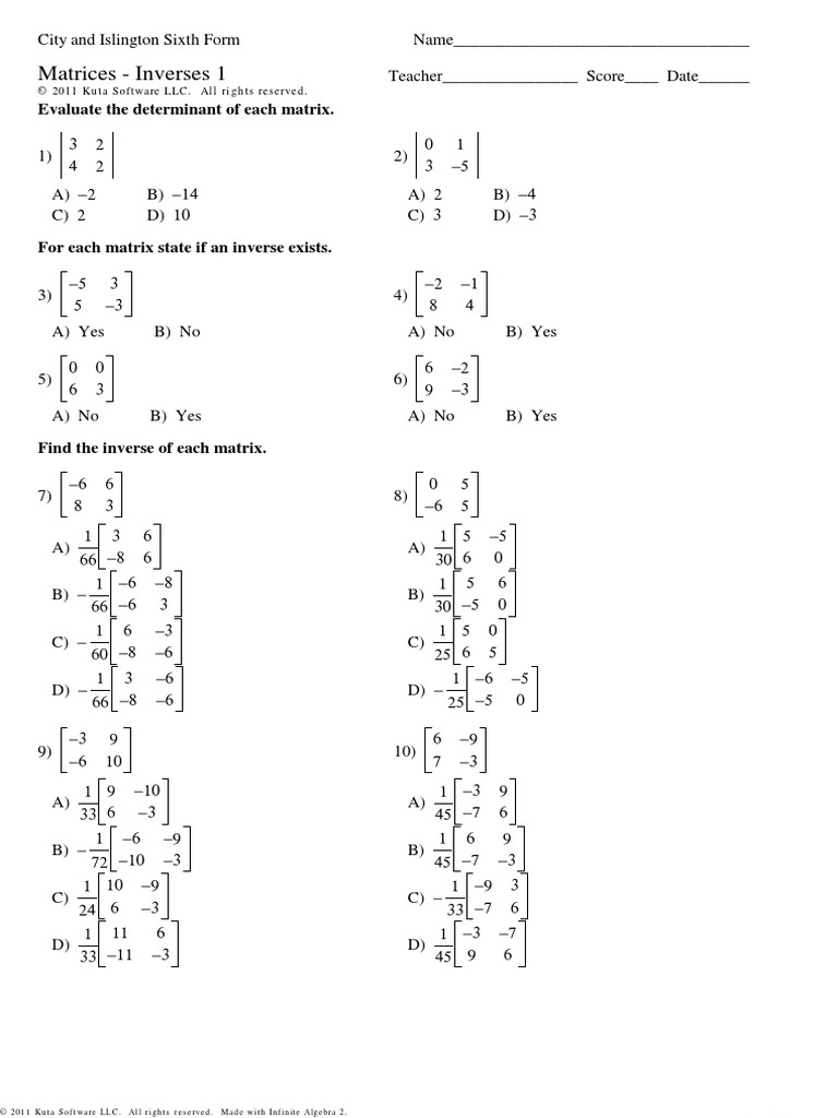 FP1 Matrices - Inverses | PDF | Matrix (Mathematics) | Functional Analysis