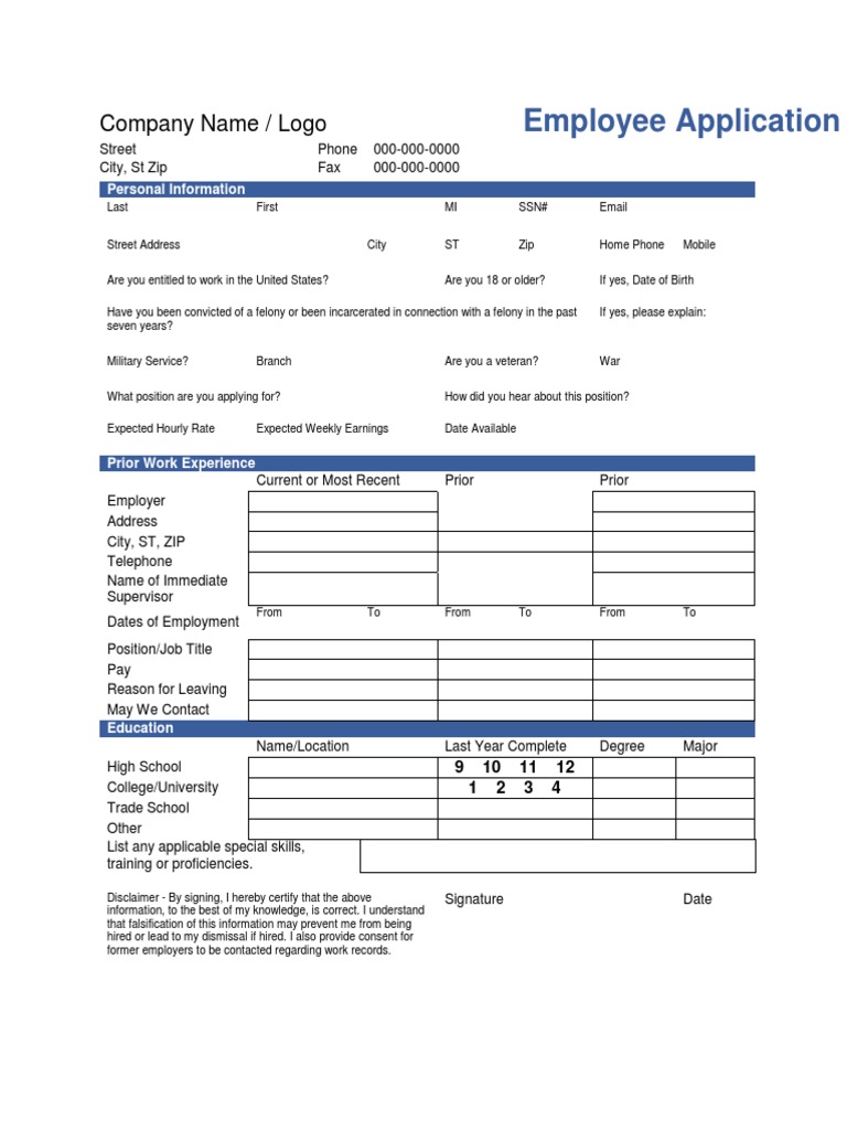 Employee Application: Company Name / Logo | PDF