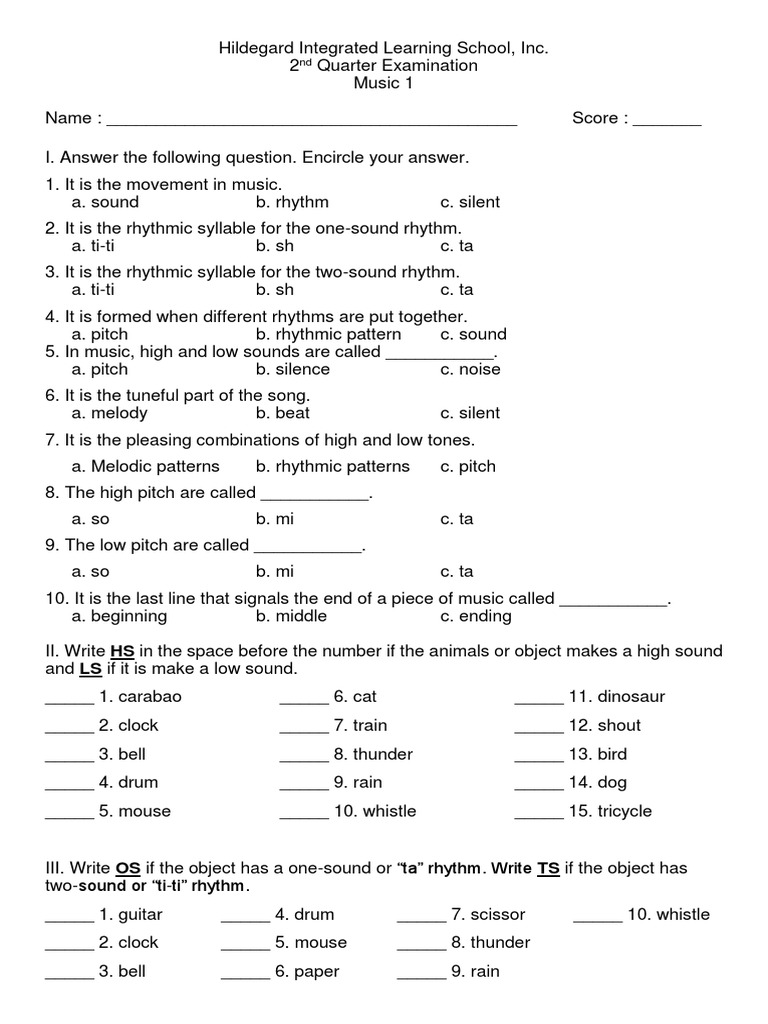 Grade 1 Music 2nd Quarter Exam | PDF | Rhythm | Music Theory