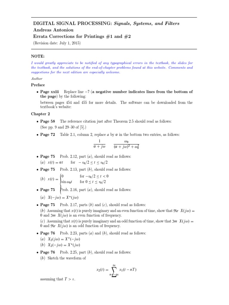 DIGITAL SIGNAL PROCESSING: Signals, Systems, and Filters Andreas Antoniou Errata Corrections For ...