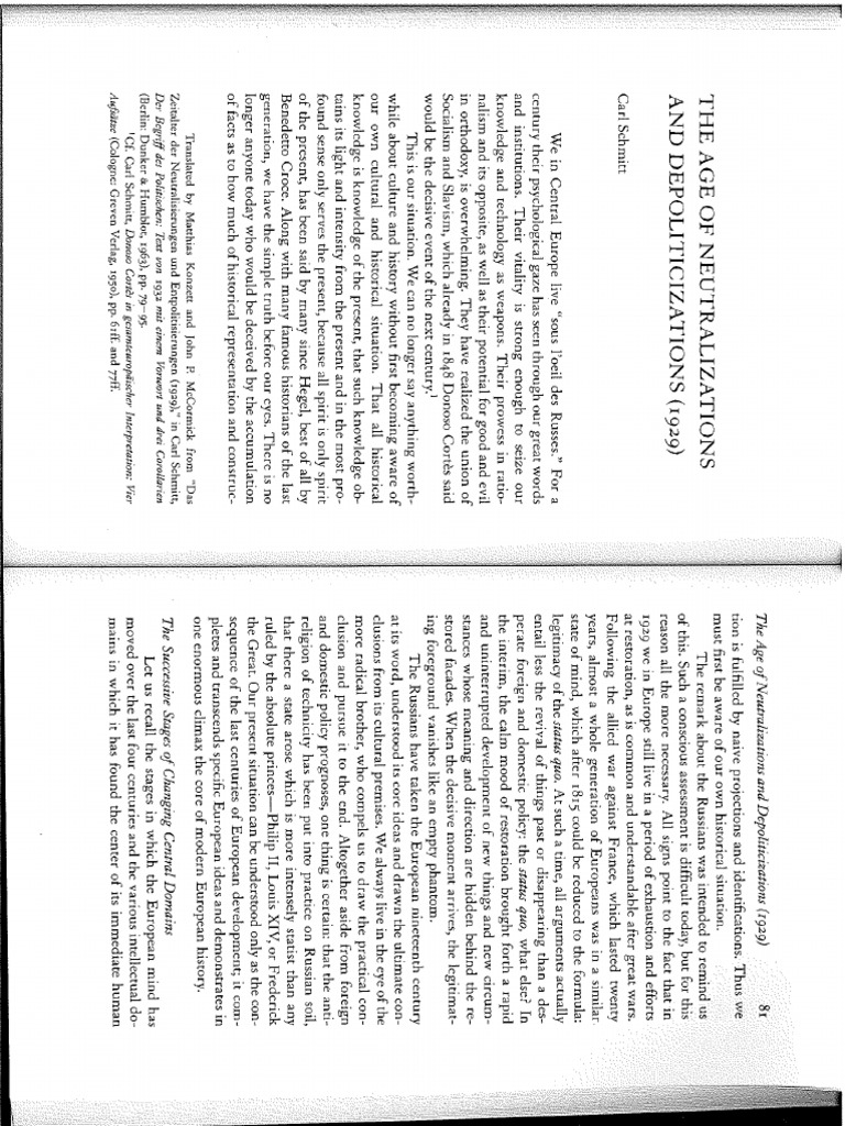 Schmitt - Age of Neutralizations and Depoliticization | PDF