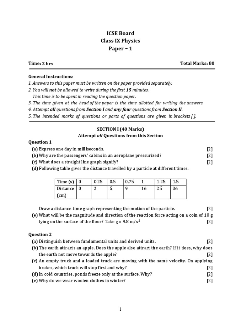 Physics 9 Icse Question Paper 1 | PDF | Weight | Force