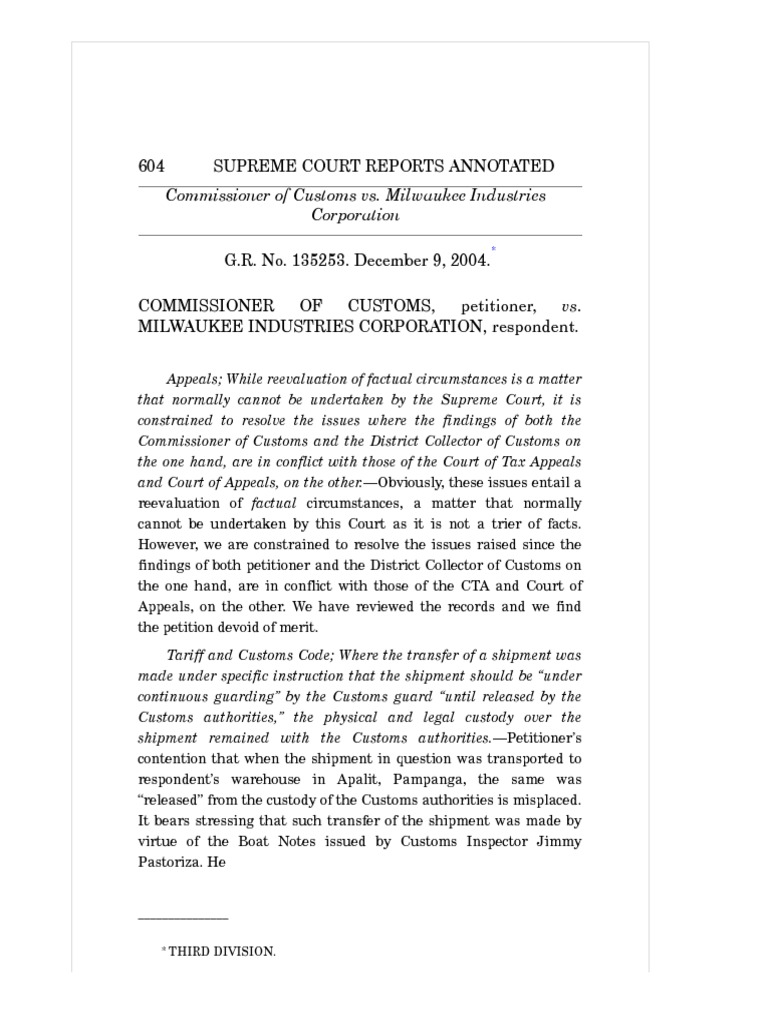 Commissioner of Customs vs. Milwaukee Industries Corporation | PDF ...