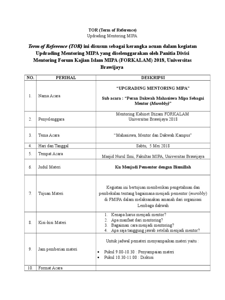 TOR - Upgrading Mentoring MIPA | PDF