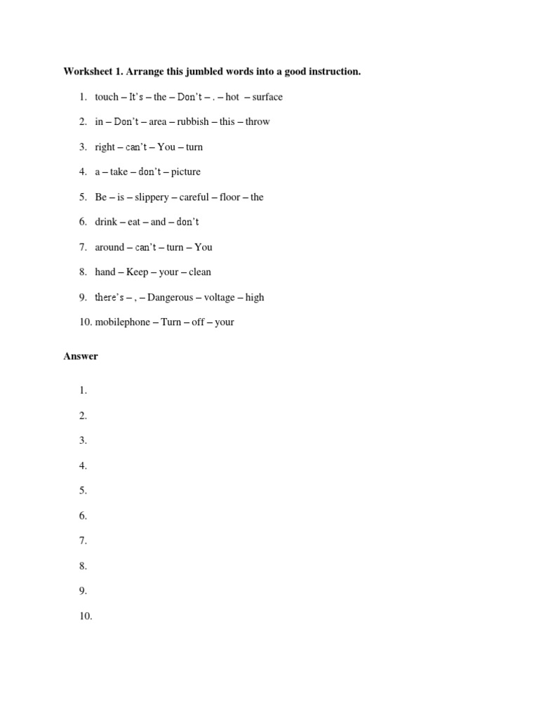 Worksheet 1. Arrange This Jumbled Words Into A Good Instruction | PDF