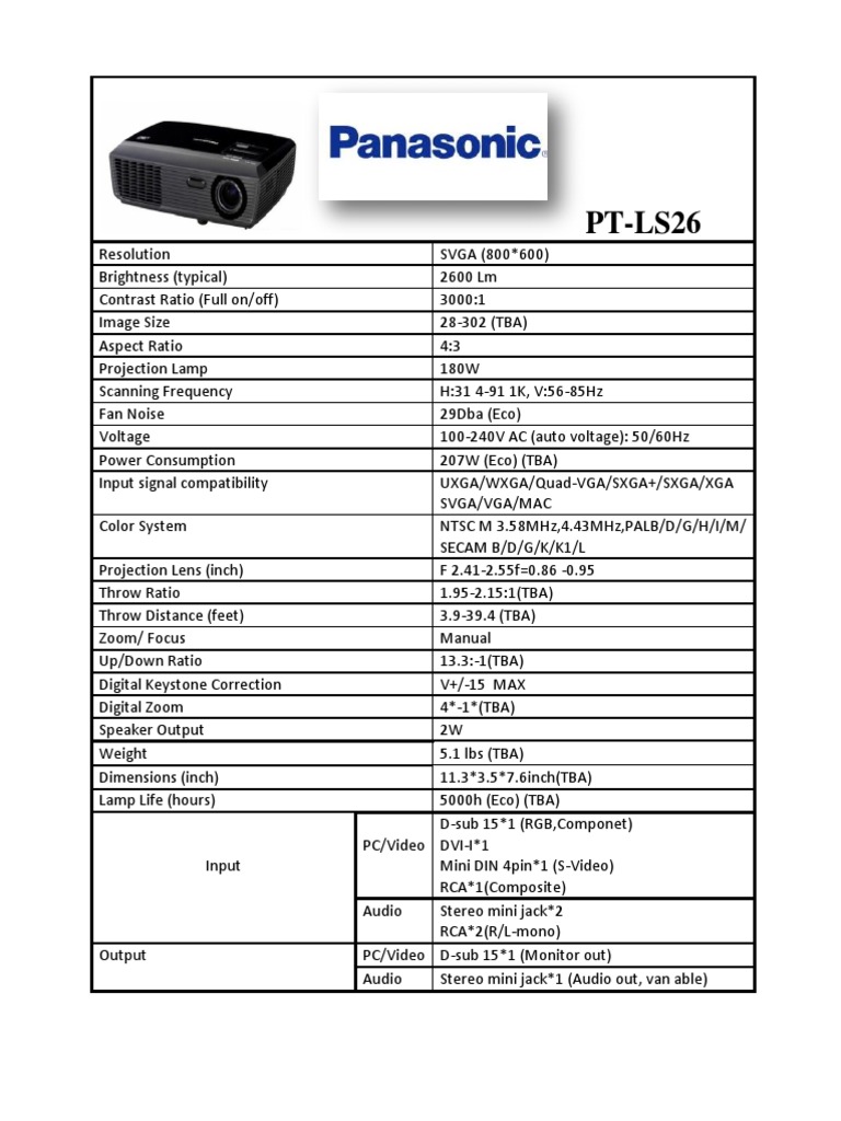 Panasonic PT-LS26 Projector Specs | PDF